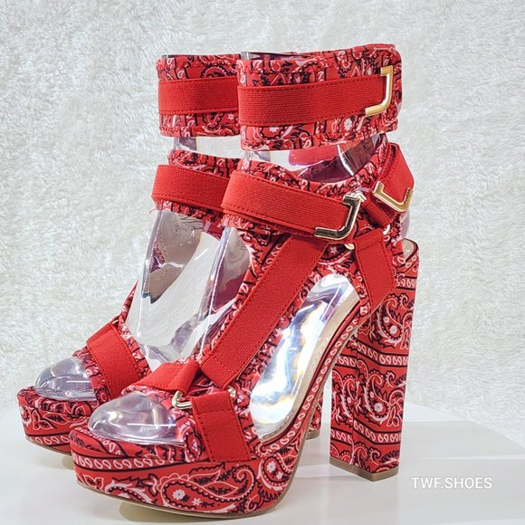 Pazzle | Shoes | Kendra Red Bandanna 55 Block Heels Harness Strap ...